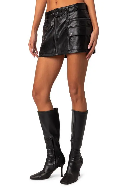 EDIKTED Belted Cargo Faux Leather Miniskirt