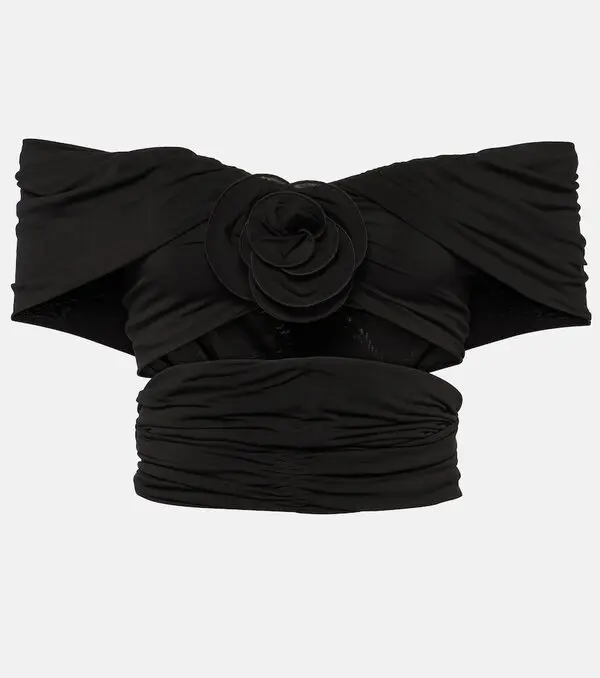 Magda Butrym Floral Off-shoulder Ruched Crop Top - Black