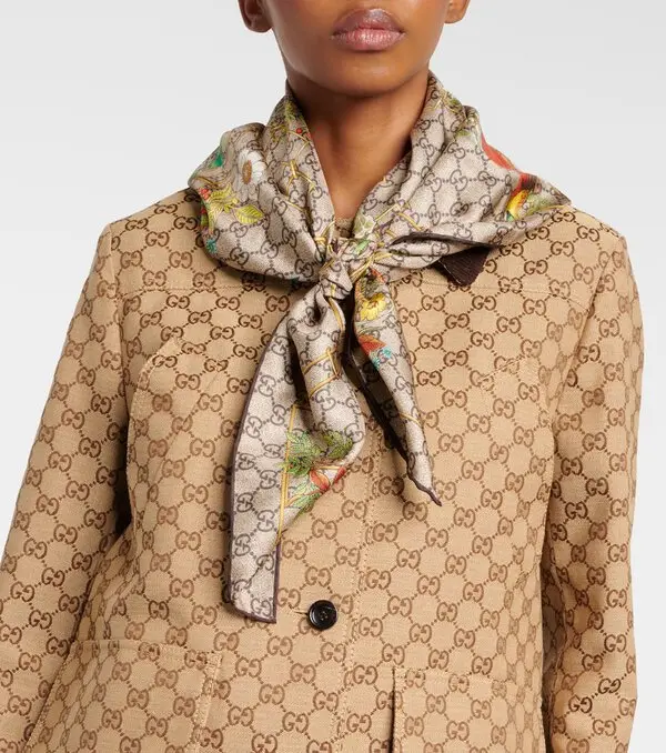 Gucci Printed Silk Twill Scarf - Brown