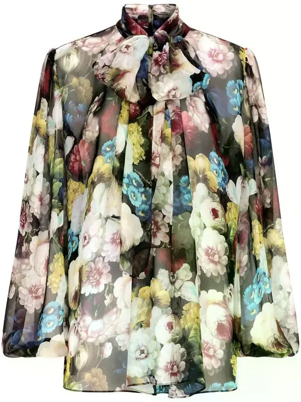 Dolce & Gabbana Floral-print Silk Blouse With Scarf - Black
