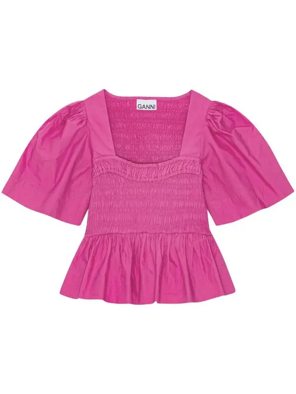 GANNI Peplum-waist Organic-cotton Blouse - Pink