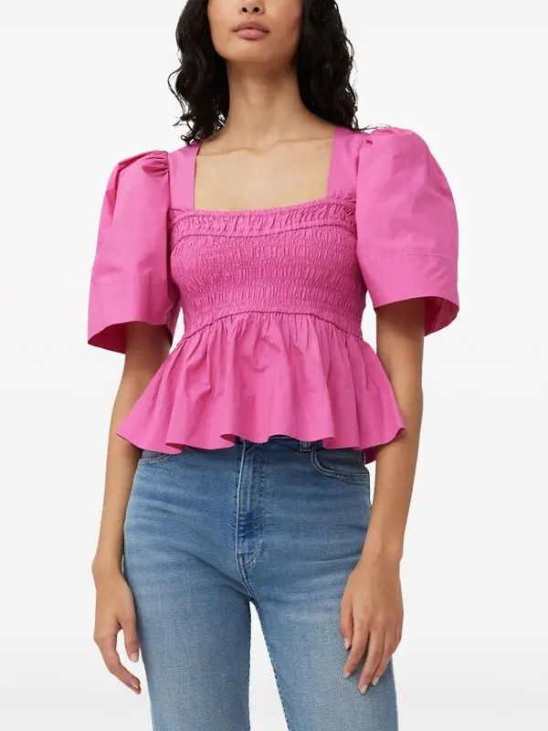 GANNI Peplum-waist Organic-cotton Blouse - Pink