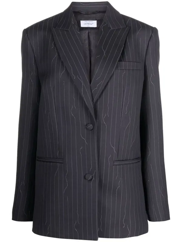 Off-White Pinstripe Pattern Peak Lapel Blazer - Grey