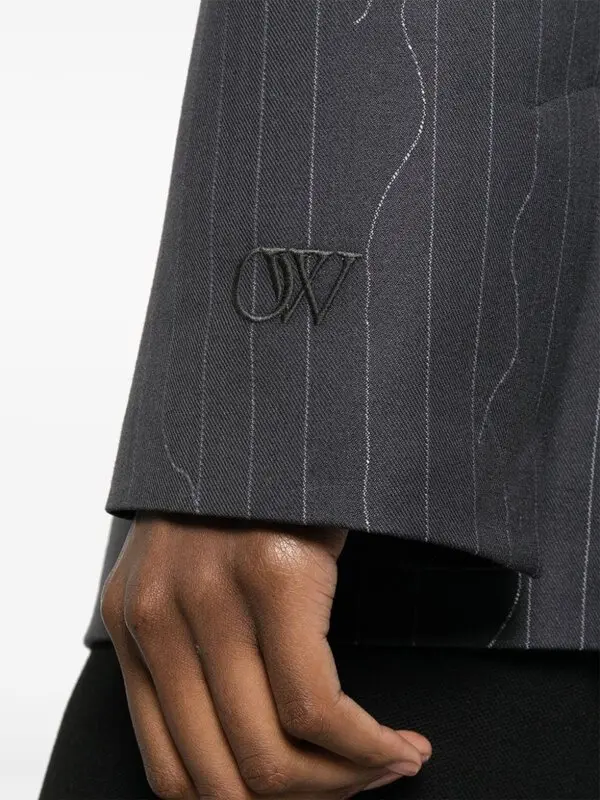 Off-White Pinstripe Pattern Peak Lapel Blazer - Grey