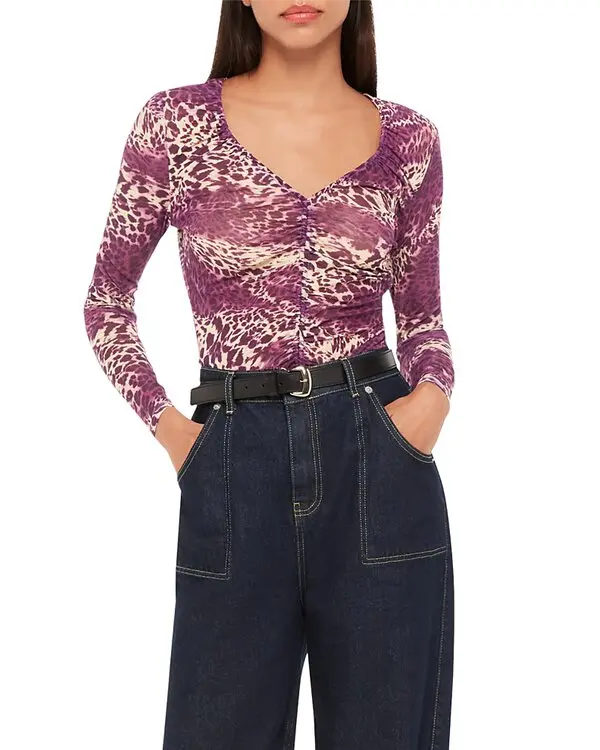 Whistles Sahara Leopard Mesh Ruched Long Sleeve Top