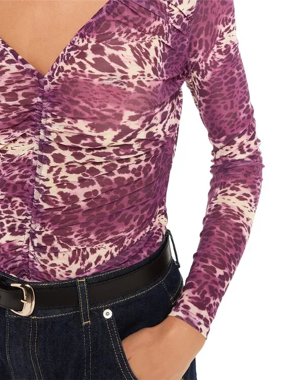 Whistles Sahara Leopard Mesh Ruched Long Sleeve Top