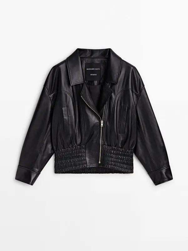 Massimo Dutti Nappa Leather Stretch Bomber Jacket Studio - Black