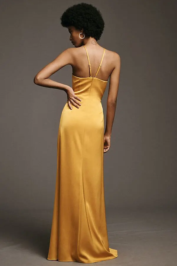 Liv Foster Satin Halter Ruched Gown In Yellow - 52% Off | Editorialist