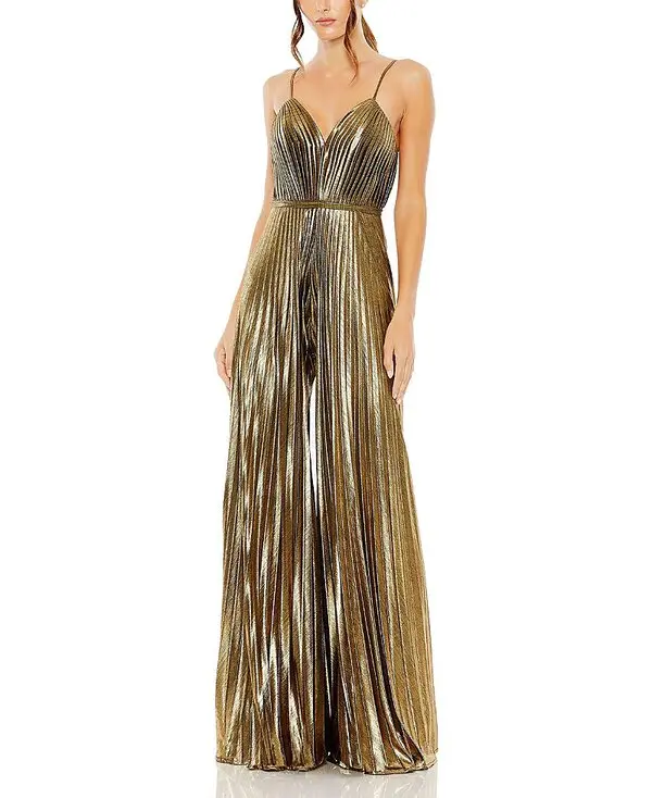 Mac Duggal Metallic Pleated Jumpsuit - Antique Gold-tone