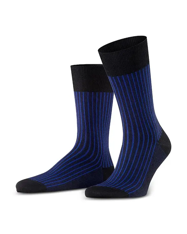 Falke Mercerized Cotton & Nylon Two Tone Stripe Jacquard Dress Socks - Black