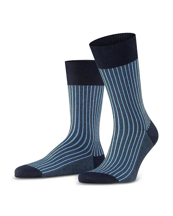 Falke Mercerized Cotton & Nylon Two Tone Stripe Jacquard Dress Socks - Dark Navy