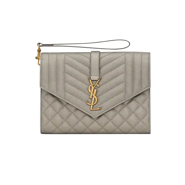 Saint Laurent Cassandre Quilted Leather Clutch 'brun Metallise - Grey