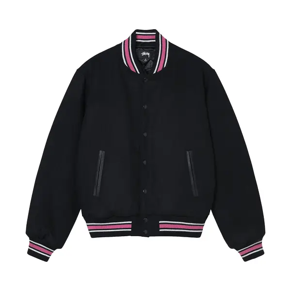 StüSsy Talk Melton Varsity Jacket In Black | Editorialist