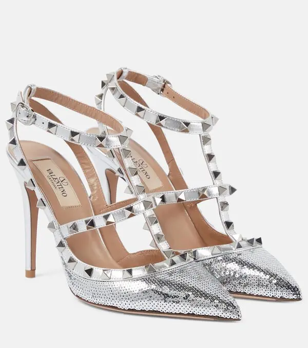 Valentino Garavani Rockstud 100 Sequined Pumps - Silver