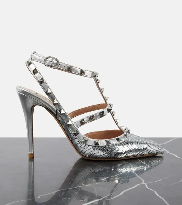 Valentino Garavani Rockstud 100 Sequined Pumps - Silver