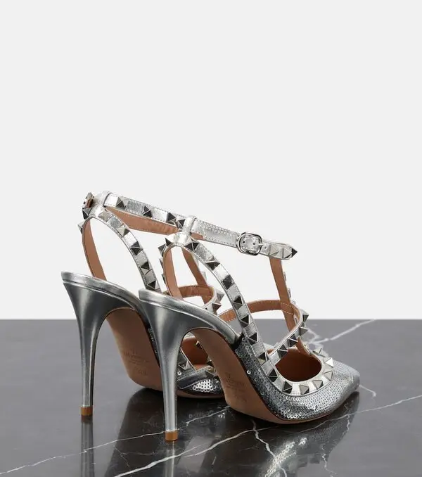 Valentino Garavani Rockstud 100 Sequined Pumps - Silver