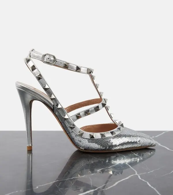 Valentino Garavani Rockstud 100 Sequined Pumps - Silver