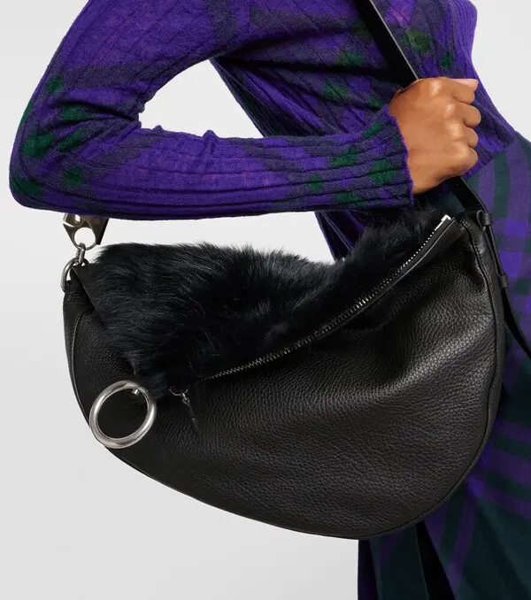 Burberry Knight Medium Leather And Shearling Shoulder Bag - Black