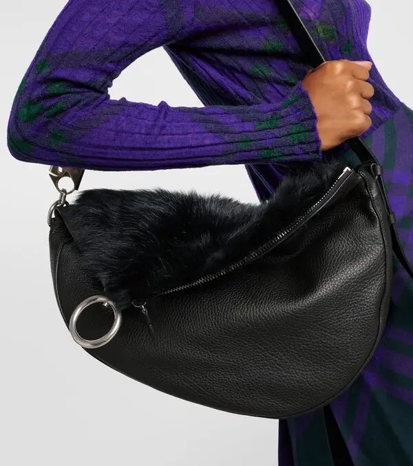 Burberry Knight Medium Leather And Shearling Shoulder Bag - Black