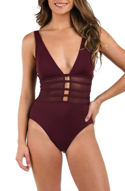 La Blanca Strappy Mesh Inset One-piece Swimsuit - Dark Cherry