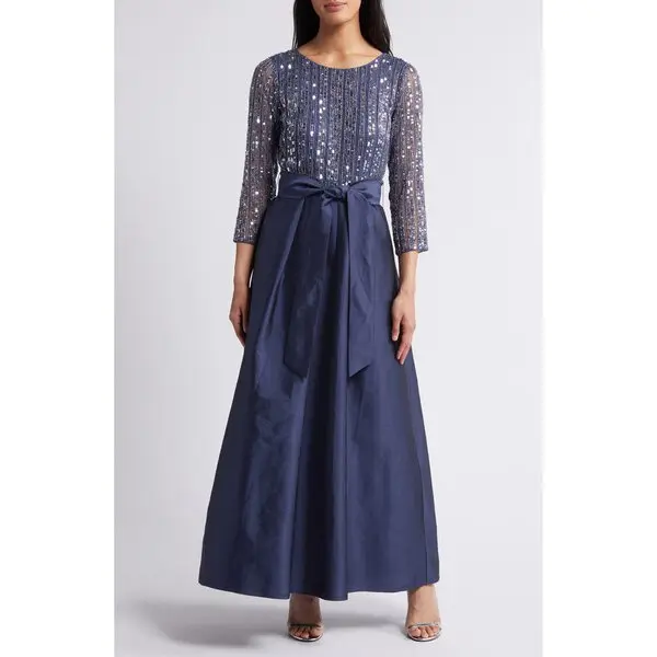 Pisarro Nights Bow Long Sleeve Sequin & Taffeta Gown