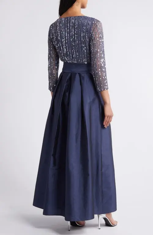 Pisarro Nights Bow Long Sleeve Sequin & Taffeta Gown