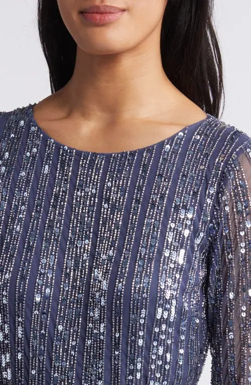 Pisarro Nights Bow Long Sleeve Sequin & Taffeta Gown