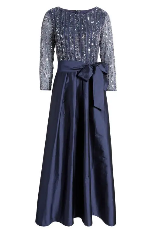 Pisarro Nights Bow Long Sleeve Sequin & Taffeta Gown