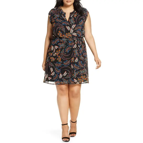 DR2 BY DANIEL RAINN Printed Tie Waist Dress - Black