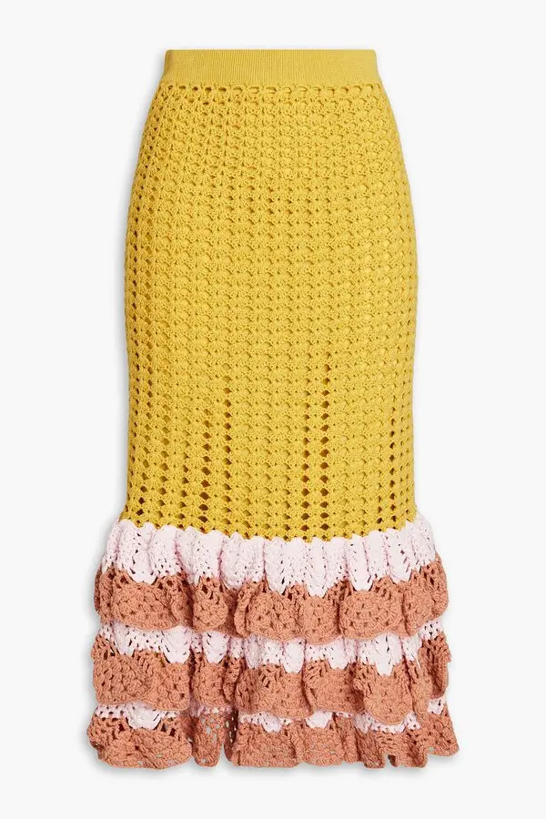 Zimmermann Tiered Crocheted Cotton Midi Skirt - Mustard