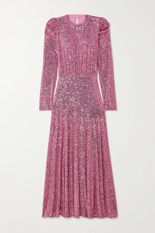 Rixo Cerise Gathered Sequined Midi Dress
