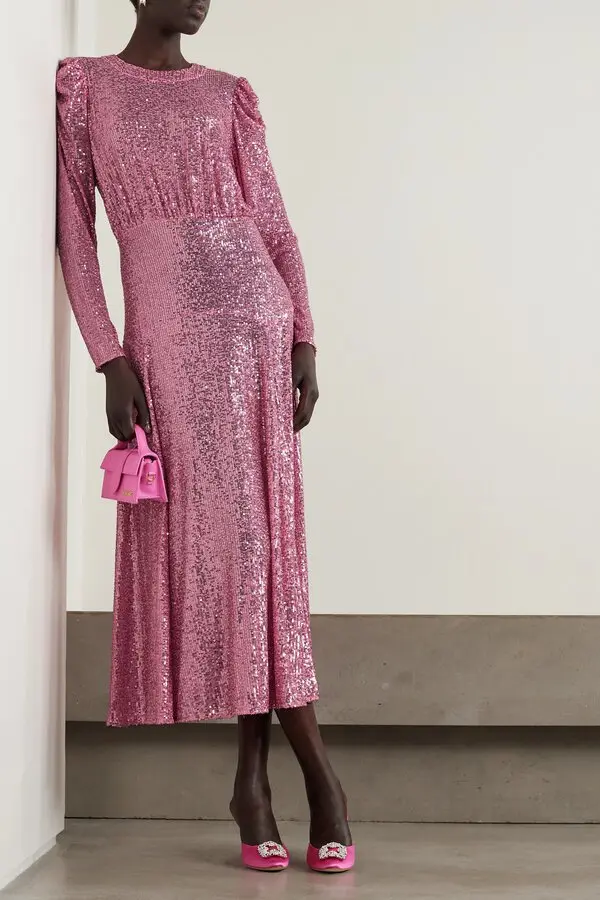 Rixo Cerise Gathered Sequined Midi Dress