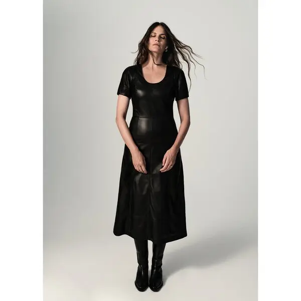 entro leather dress faux leather puff sleeve ruffled v neck dress Black / Small main image 0