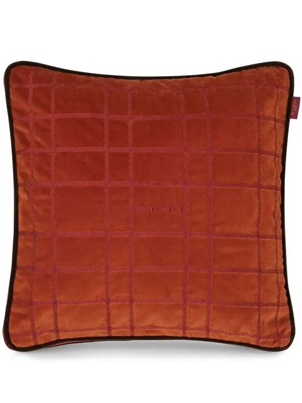 Etro Logo-embroidered Checked Velvet Cushion - Red