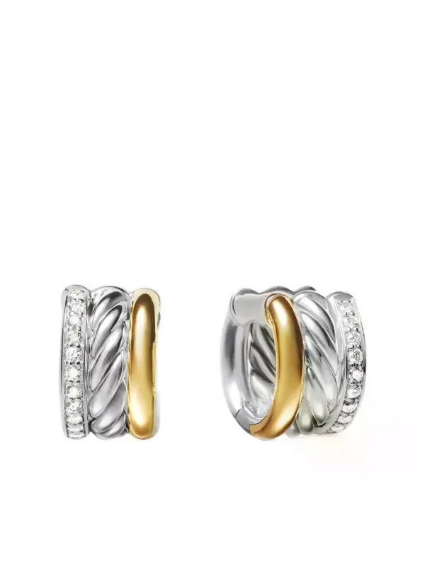 David Yurman 18kt Yellow Gold And Sterling Diamond Huggie Hoop Earrings - Silver