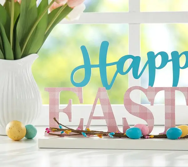 GLITZHOME 15.75' Wooden Easter Happy Easter Tab Le Decor