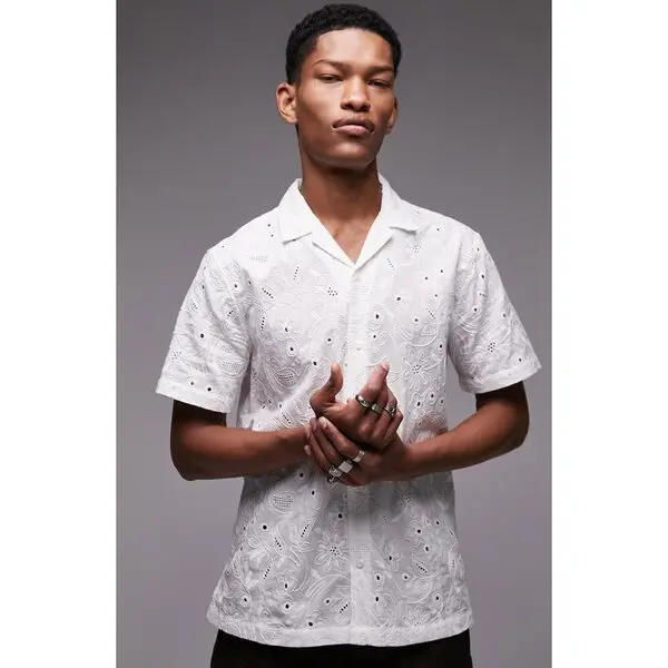 Topman Embroidered Eyelet Short Sleeve Camp Shirt In White 40