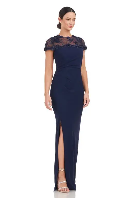 Js Collections Laney Rosette Embroidered Sheath Gown In Navy - 66% Off |  Editorialist
