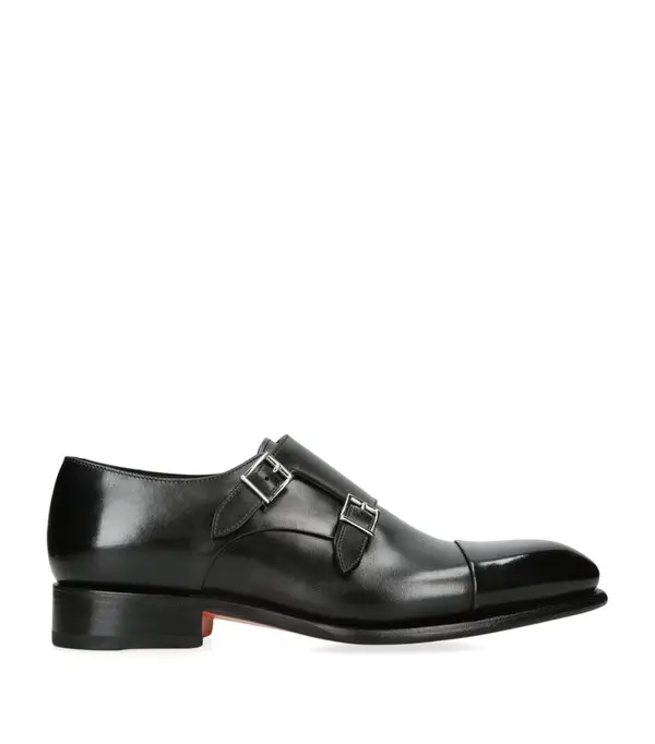 Santoni Leather Carter Double Monk Shoes - Black