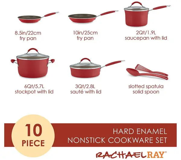 RACHAEL RAY Cucina Nonstick Cookware Set, 10pc, Cranberry Red