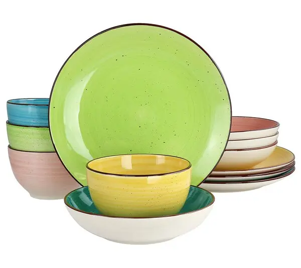 ELAMA Hudson 12 Piece Double Bowl Stoneware Din Nerware Set - One-color