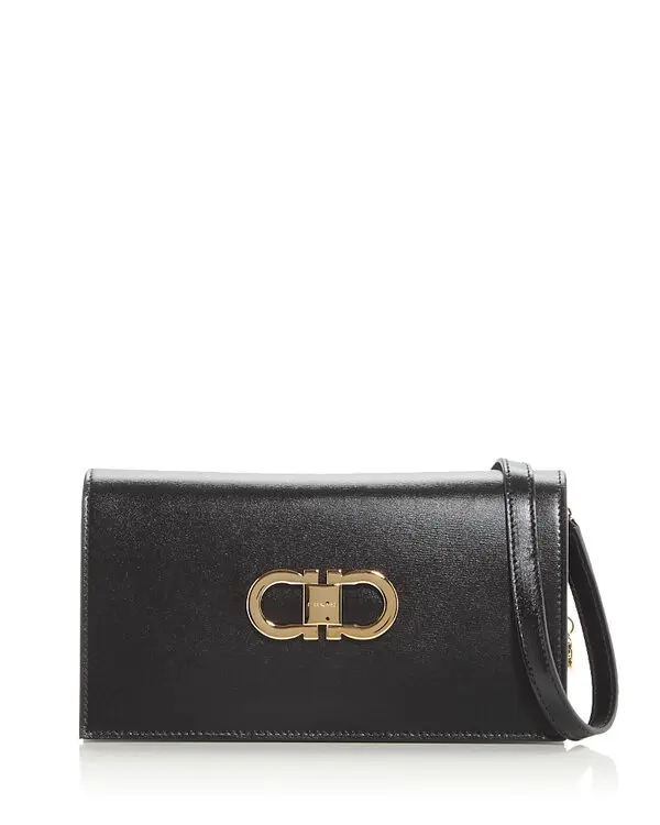 FERRAGAMO Double Gancio Leather Shoulder Bag - Nero