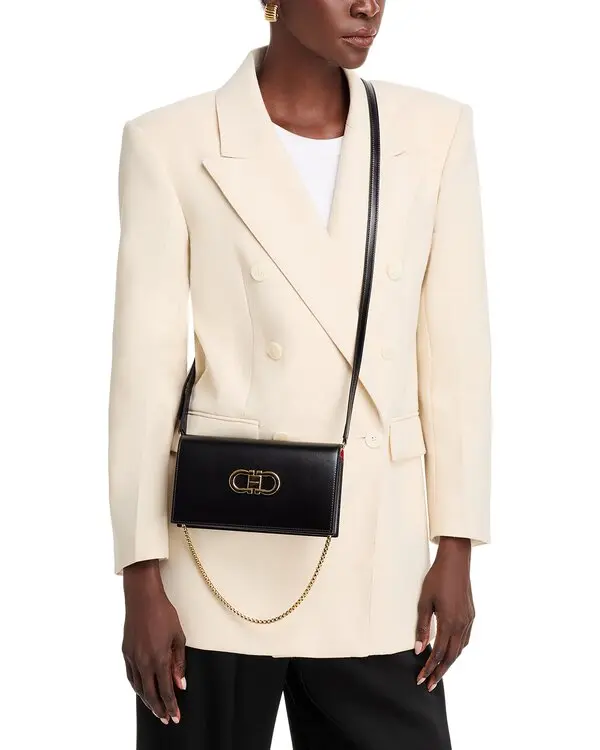 FERRAGAMO Double Gancio Leather Shoulder Bag - Nero