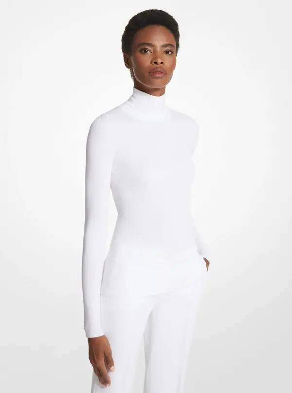 Michael Kors Ribbed Stretch Viscose Turtleneck Sweater - White