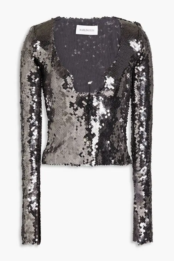 16Arlington Cropped Sequined Mesh Top - Anthracite