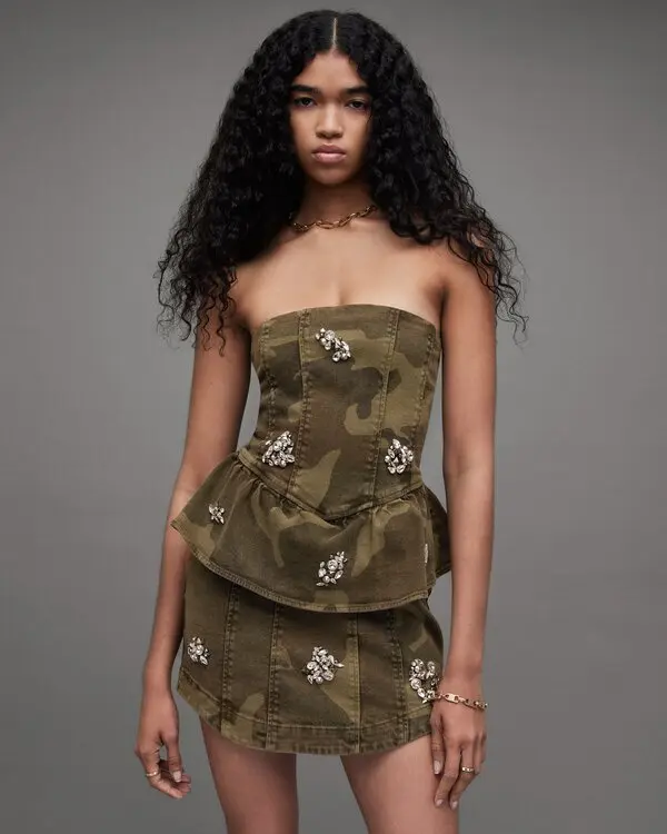 Allsaints Andy Camouflage Embellished Denim Dress In Camo Green - 60% Off |  Editorialist