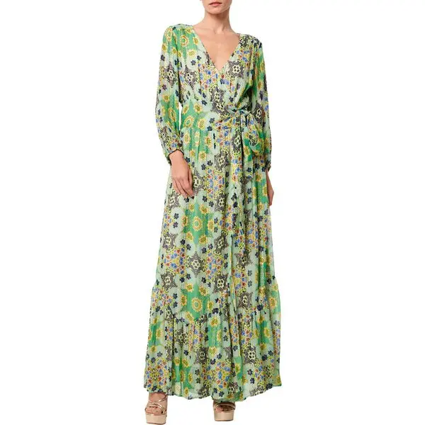 Ciebon Shani Metallic Floral Print Long Sleeve Wrap Dress In Green Multi -  50% Off | Editorialist