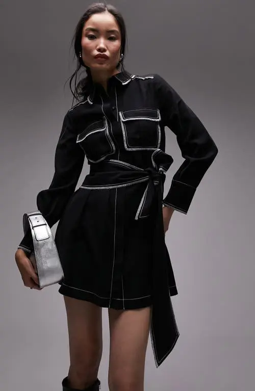 Topshop Topstitch Long Sleeve Shirtdress In Black - 50% Off | Editorialist