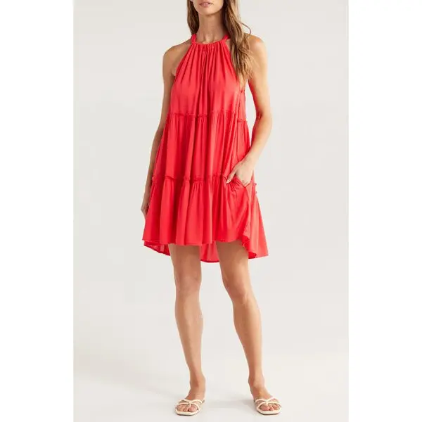 Elan Ruched Tiered Cover-up Swing Dress - Red Coral