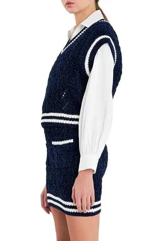 English Factory Stripe Trim Chenille Vest - Navy/white